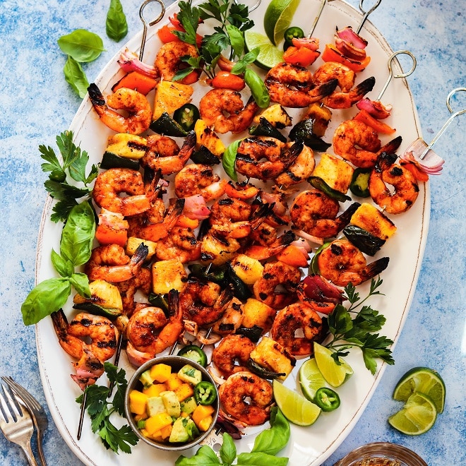 Spicy Adobo Shrimp Skewers with Mango Avocado Salsa - Give it Some Thyme
